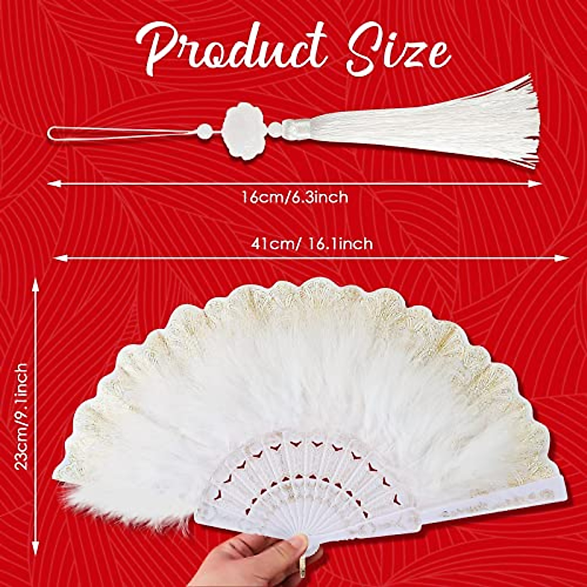 2 Pieces Feather Hand Fan Embroidered Flower Marabou Feather Fan 1920s Feather Fan Hand Fan Folding Hand Fan Drag Queen Fan for 20s Women Costume Party Dancing Photoshoot Wedding Decor (White, Black)