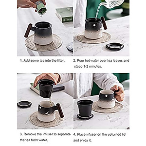 TANG PIN Moon Deer Ceramic Tea Mug with Infuser and Lid Coffee Mug with Strainer and Wooden Handle 14.5 OZ (Black&Blue)
