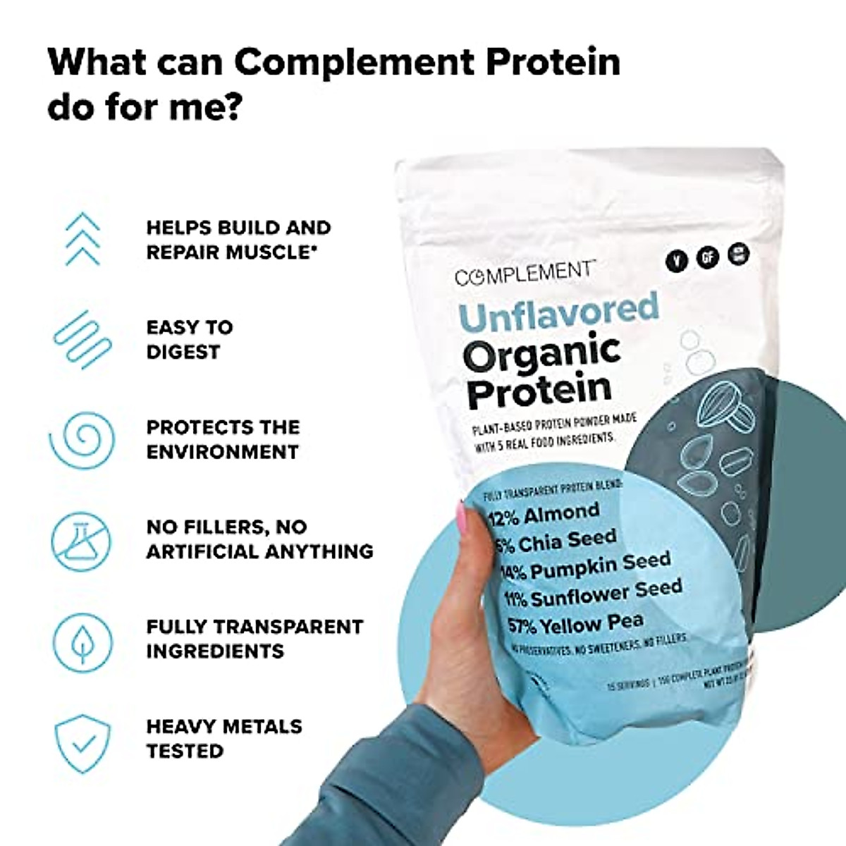 Complement Organic Unflavored Vegan Protein Powder (15 Servings) Low Carb, Low Calorie, Sugar Free, Soy Free, Non-GMO, Gluten Free, Non Dairy- Yellow Pea, Pumpkin Seed- 15g Plant Based Protein Powder