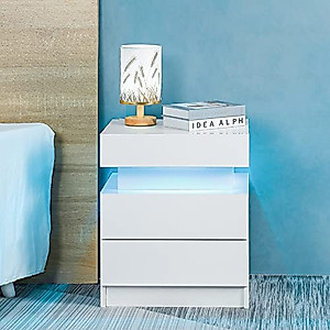Yoluckea LED Nightstand for Bedroom, Modern High Gloss Wood 2 Drawers White Nightstand Bedside Table End Table with Flip Top Hidden Storage Compartment for Bedroom Living Room