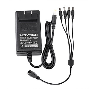 HISVISION Security Camera Power Supply Adapter 12V 2.5A 100V-240V AC to DC with 4-Way Power Splitter Cable -Fits CCTV Camera DVR NVR Surveillance System