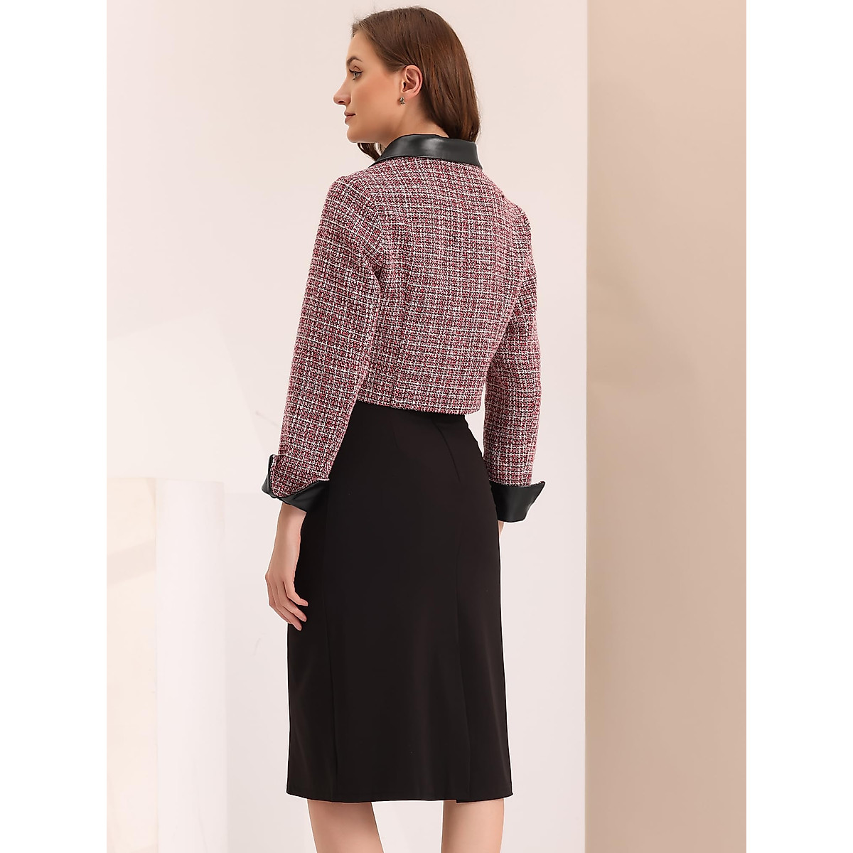 Allegra K Tweed Plaid Blazer for Women's Contrast Collar Double Breasted Vintage Cropped Jackets X-Large Red