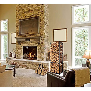 TQVAI 3 Tier Indoor Firewood Rack Outdoor Log Storage with Fire Tools Hanging Hooks and Waxed Canvas Fire Wood Carrier Bag Stacking Fireside Lumber Holder, Black