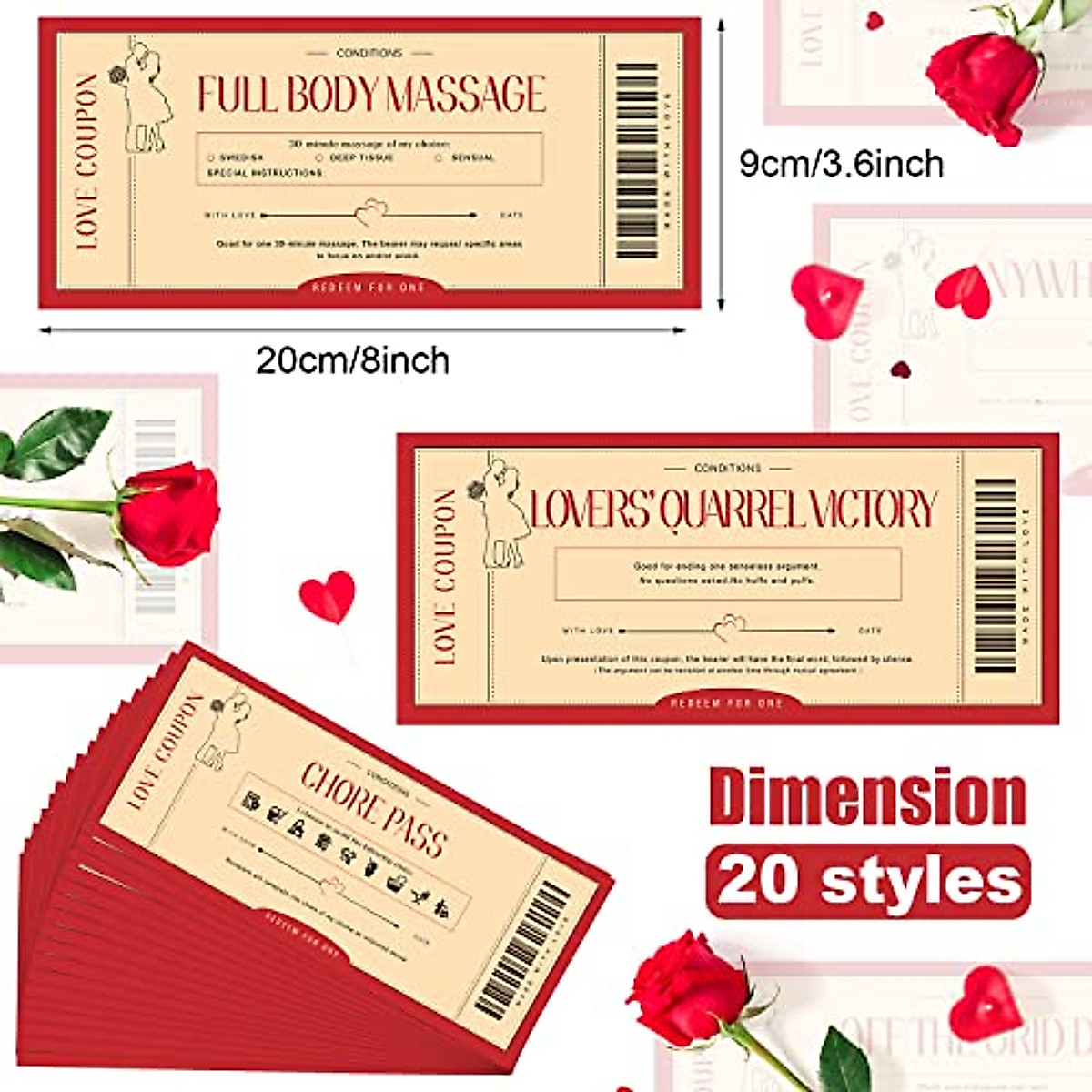 Zonon 20 Pieces Valentine‘s Day Love Coupon Cards for Sweet Couple, Husband, Wife, Boyfriend or Girlfriend Romantic Gift for Wedding, Anniversary or Birthday, 20 Designs(Red and Light Brown)
