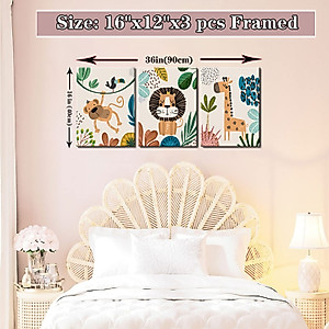 AKWISH 3Pcs Framed Safari Animals Canvas Wall Art Prints Picture Boy Girl's Kids RoomWall Decor for Classroom Shower Theme Decorations Nursery Baby Children's Room Bedroom Ready to Hang (12"x16"x3)