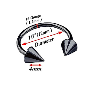 bodyjewellery 6pcs 16g Horseshoe Circular Barbell Eyebrow Tragus Navel Lip Cartilage Ear Ring Spike Helix Belly Black Spike 5/16 3/8 1/2