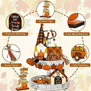 12 PCS Fall Decorations for Home, Fall Tiered Tray Decor, Rustic Farmhouse Autumn Wooden Signs Plush Gnome Bead Garland Pumpkins Maple Leaves Banner Hello Fall Ornament for Harvest Table Centerpieces