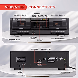 PyleUsa Dual Stereo Cassette Tape Deck-Double Cassette Recorder w/ MP3 Music Converter, RCA for Recording, Dubbing, USB, Retro Design - for Standard/CrO2 Tapes, Home Use
