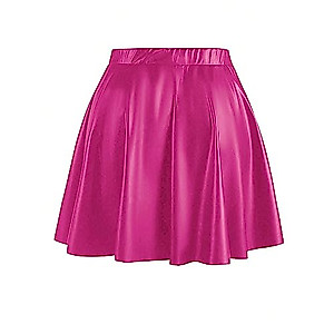 MakeMeChic Women's Plus Size Pleated Leather Mini Skirt High Waist A Line Skater PU Leather Short Skirt Hot Pink 4XL