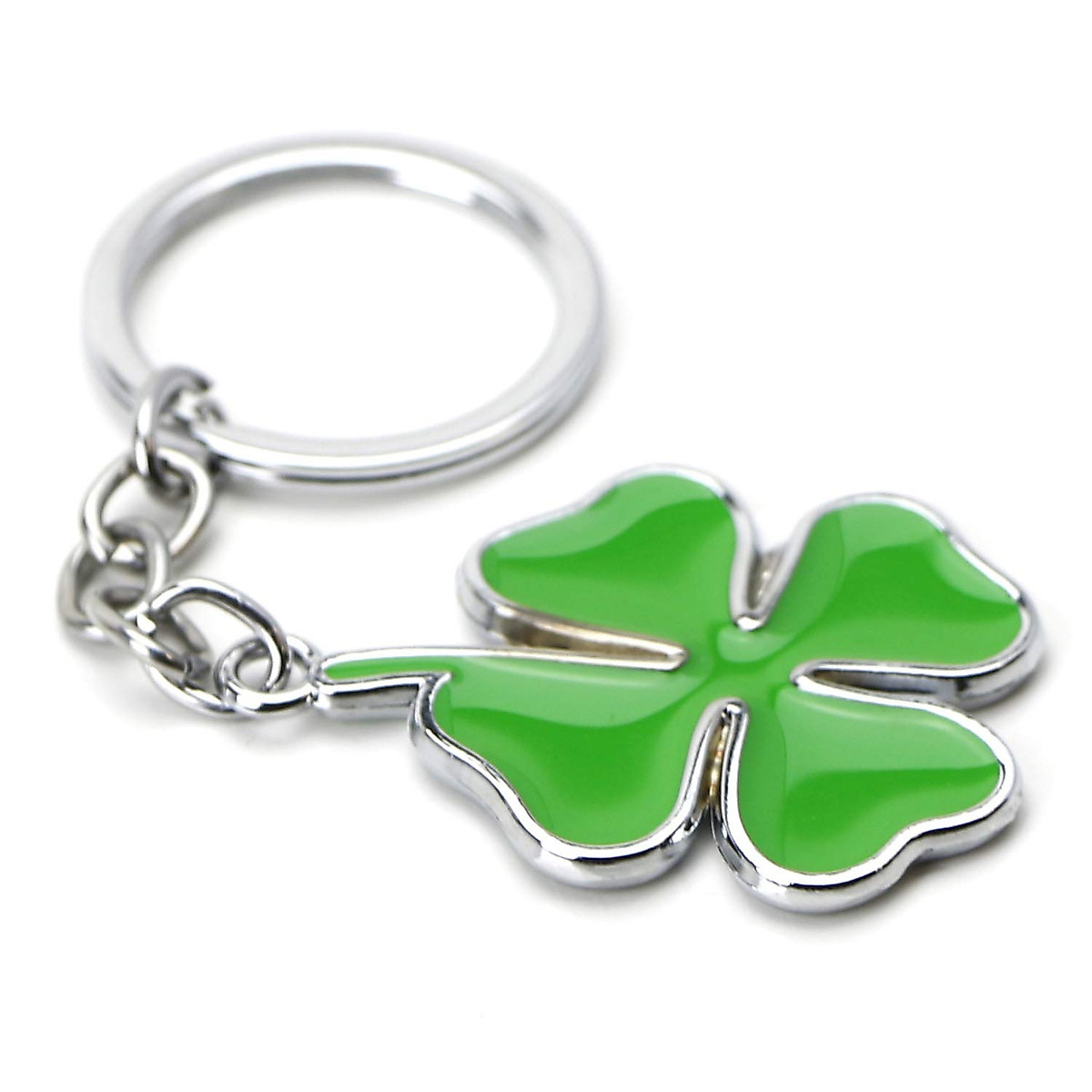 iJDMTOY Chrome Finish The Lucky Quadrifoglio Four Leaf Clover Cloverleaf Key Chain Ring Keychain