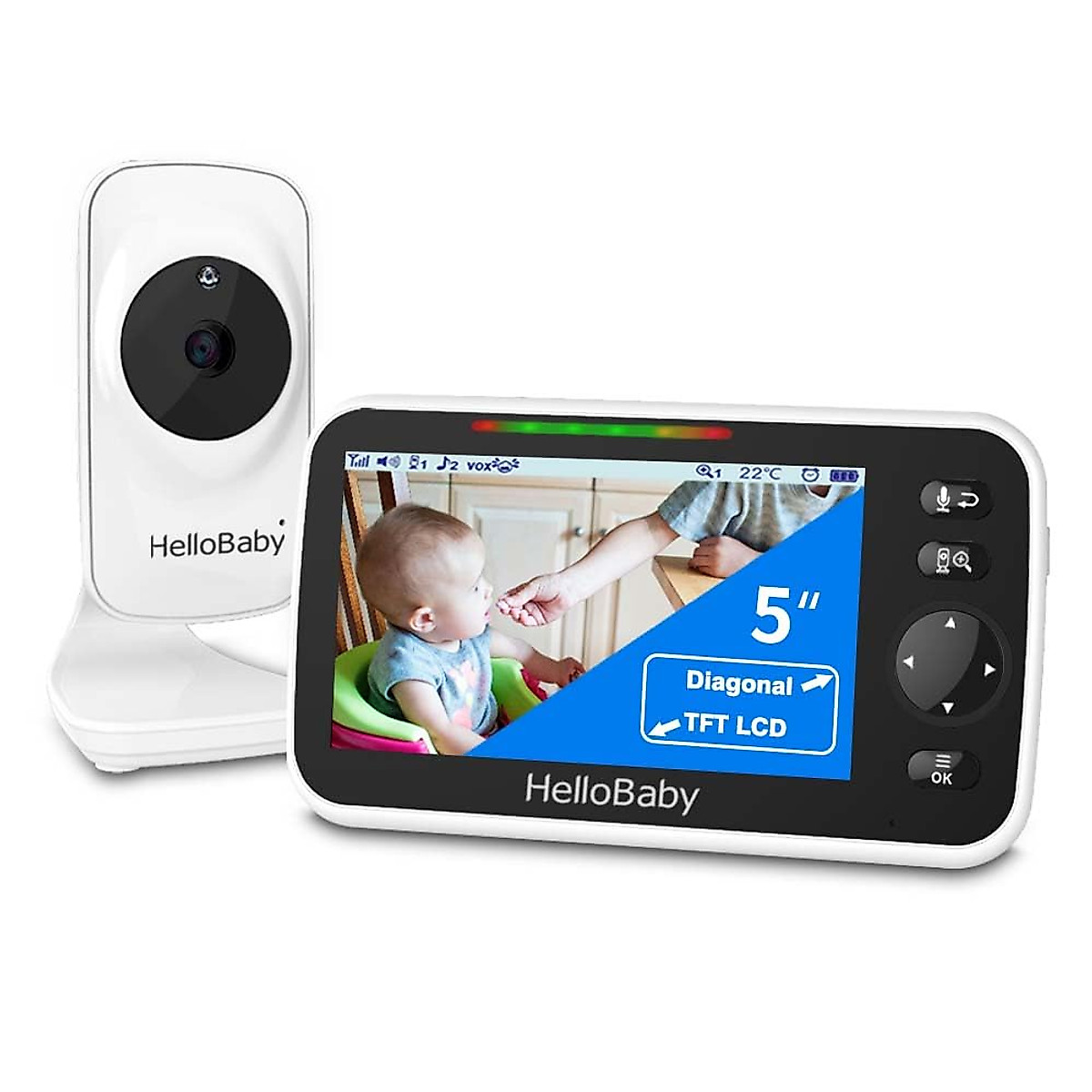 HelloBaby Video Baby Monitor with Camera and Audio, 5" Color LCD Screen, Monitor Camera, Infrared Night Vision, Temperature Display, Lullaby, Two Way Audio and VOX Mode
