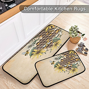 ALAZA Honey Bee Flower Vintage 2 Piece Kitchen Rug Floor Mat Set Runner Rugs Non-Slip for Kitchen Laundry Office 20" x 28" + 20" x 48"