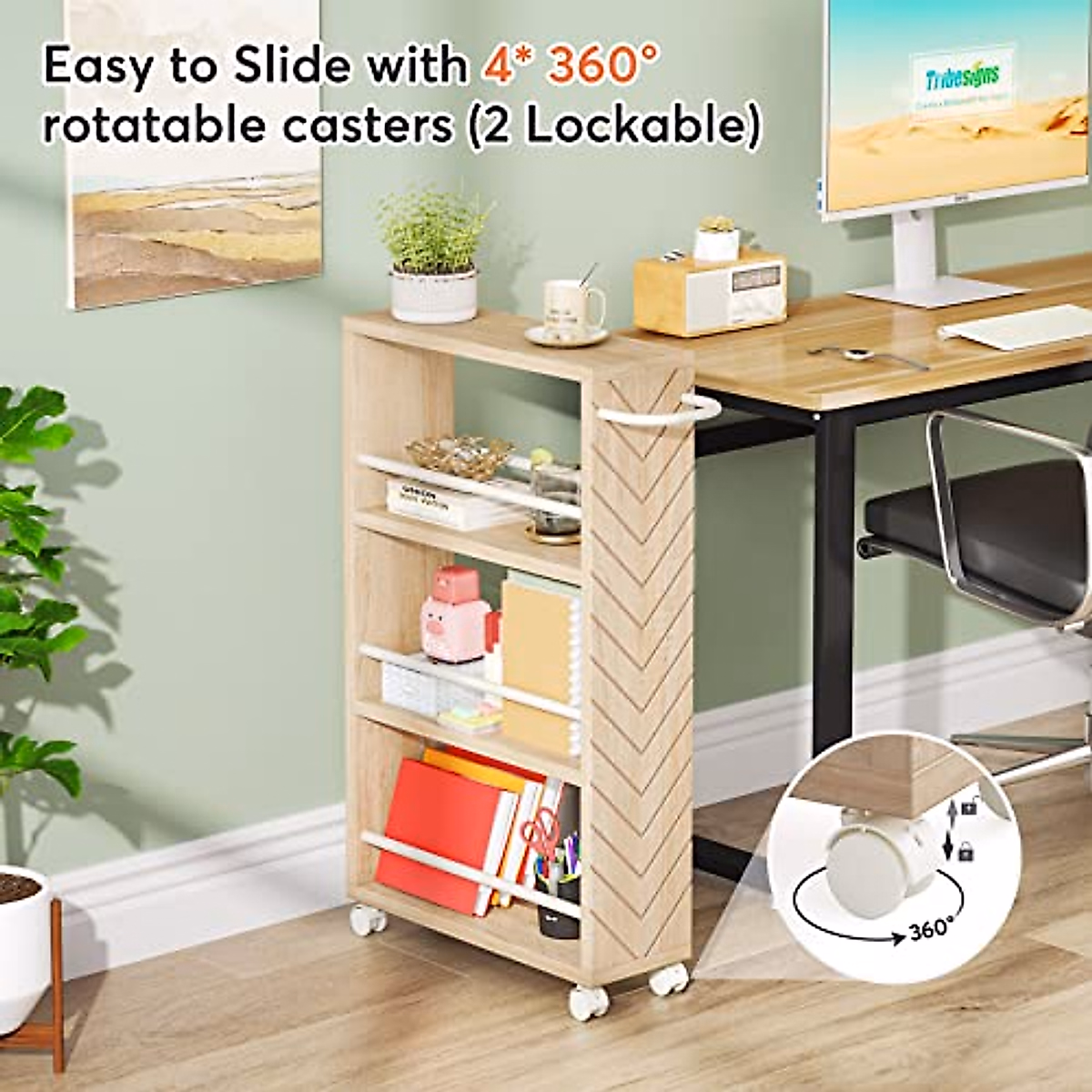 LITTLE TREE 4-Tier Slim Rolling Storage Cart with Handle, Narrow Utility Trolley carts with Wheels for Small Place