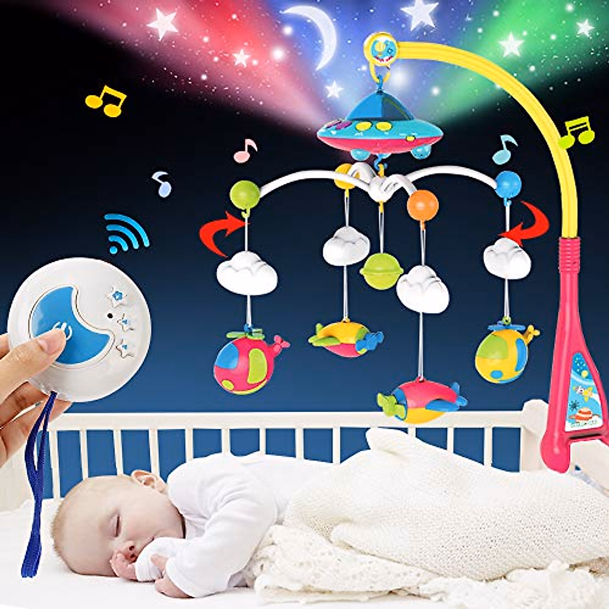 BOBXIN Baby Mobile for Crib, Crib Mobile with Projector and 108 Melodies Music, Crib Toys with Remote Control and Hanging Rattles Rotating,Gift for Newborn and Baby Boy Girl Sleep