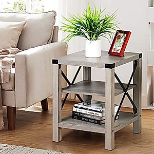IDEALHOUSE Farmhouse End Table 18.1" Sofa Side End Table for Living Room 3-Tier Industrial Gray Storage Nightstand Table with Removable Middle Shelf (Used as 2-Tier Table) Easy Assembly X Metal Frame