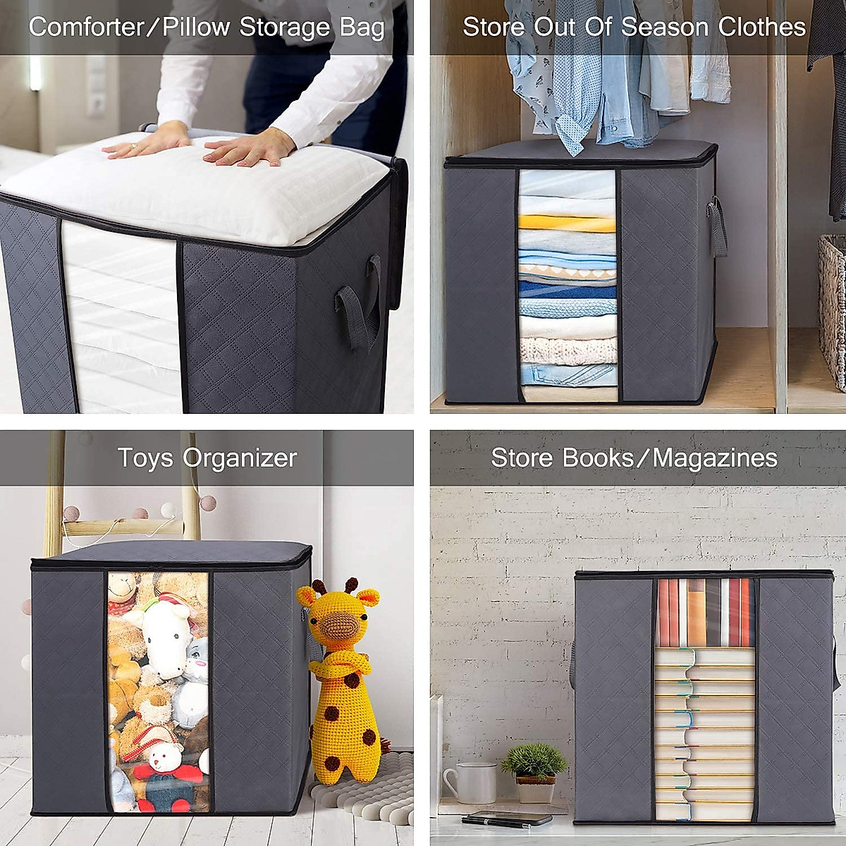 WISELIFE Storage Bags [3 Pack/100L] Large Blanket Clothes Organization and Storage Containers for Comforters,Bedding, Foldable Organizer with Reinforced Handle, Clear Window, Sturdy Zippers,Gray