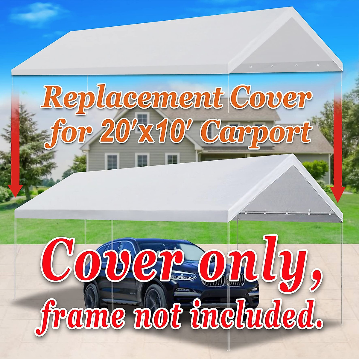 Strong Camel 10 x 20 Carport Canopy Replacement Cover Valance Canopy Replacements Top with Ball Bungees White (Only Cover, Frame is not Included)