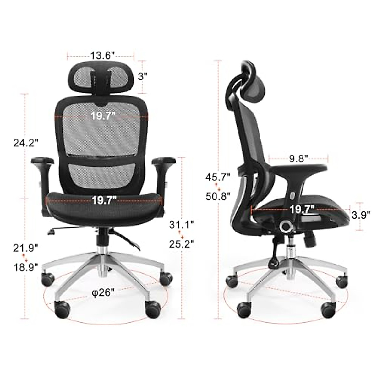 VEVOR Mesh Office Chair, Adjustable High Back Desk Chair with Mesh Seat, Angle and Height Adjustable Home Office Chair with Lumbar and Head Support, Swivel Computer Task Chair