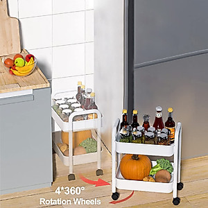 2-Tier Utility Rolling Cart Storage Organizer Sofa Side Table with Wheels, Under Desk Mobile Trolley Organizer with Handle for Office Home Kitchen Organization, White