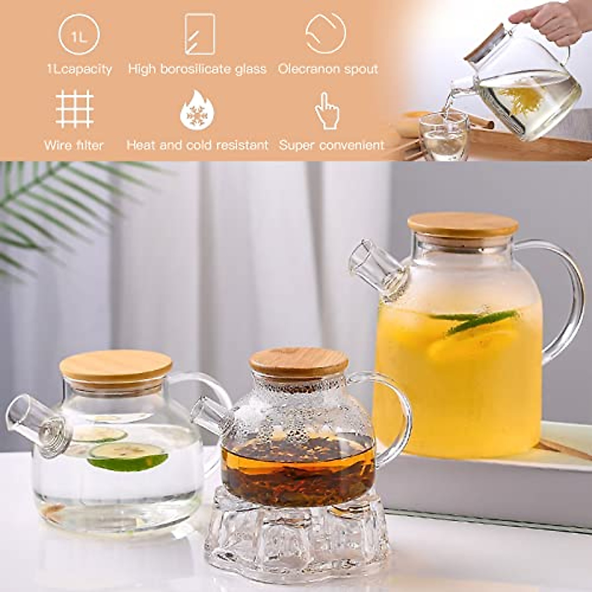 Glass Teapot, Stovetop & Microwave Safe Glass Borosilicate Teapot, Glass Teapot with Strainer, Glass Kettle with Wooden Lid, Loose Leaf and Fruit Tea and Fragrant Tea, 34oz/1000ml (Wooden Lid)