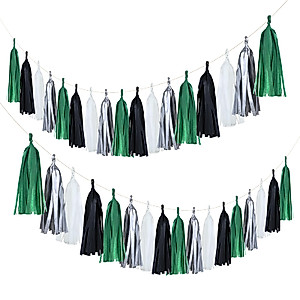 Guzon 20 Pack of Black Green Silver Party Decorations Tassel Garland Banner White Tissue Paper Tassels for Soccer Party Supplies Graduation Backdrop Men Boys Birthday Jungle Theme Banner