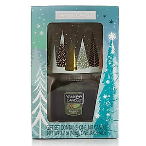 Yankee Candle Balsam & Cedar Winter Holiday Gift Set - Small Balsam & Cedar Candle (3.7 oz) with Festive Trees Small Jar Shade in a Decorative Gift Box