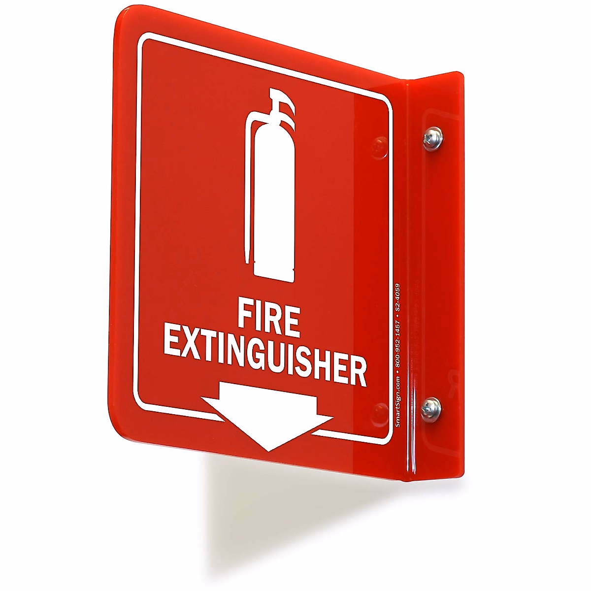 SmartSign "Fire Extinguisher" Projecting Sign, Fire Extinguisher with Down Arrow | 6" Polished Acrylic
