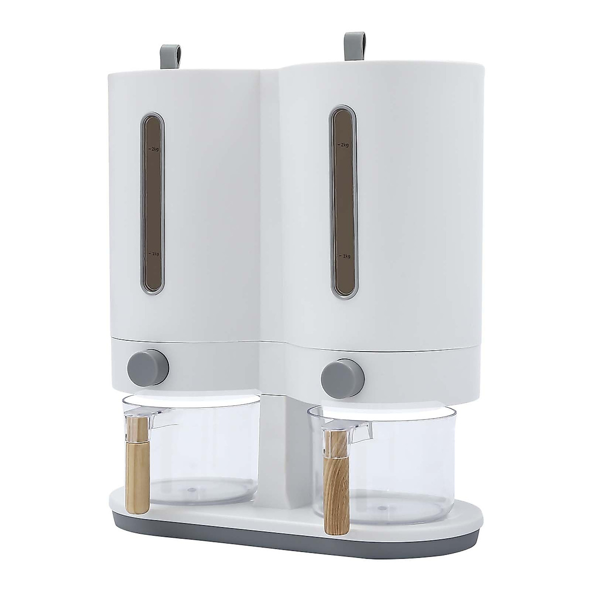 Xuthusman 11.02 lbs Dual Rice Dispenser with Two Measuring Cups, Free-standing Rice Dispenser, PP Dual Rice Storage Container 12 * 5.9 * 14.17in (White+Grey+Clear)