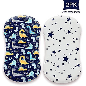 AMROSE Premium Cotton Bassinet Sheets, Fit for Halo Bassinest Swivel Sleeper, 2 Pack Hourglass Bassinet Mattress Sheet Set for Baby Boys, Soft Breathable Safe, Dinosaur & Stars