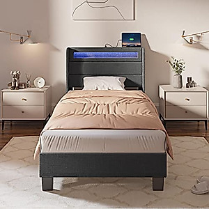 Rolanstar Bed Frame Twin Size with Headboard, Upholstered Platform Bed Frame Twin with LED Lights and USB Ports, Motion Activated Night Light & Solid Wood Slats, No Box Spring Needed, Dark Grey