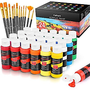 Caliart Acrylic Paint Set With 12 Brushes, 24 Colors (59ml, 2oz) Art Craft Paints Gifts for Artists Kids Beginners & Painters, Easter Basket Stuffers Pumpkin Canvas Ceramic Rock Painting Supplies Kit