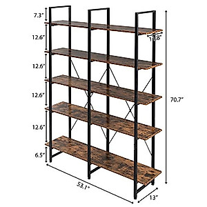 VINGLI Bookcases and Book Shelves 5 Shelf,Double Wide 5 Tier Bookshelf,5 Tier Tall Bookshelf,Large Etagere Bookshelf 5 Shelf Bookcase,Industrial Style Bookshelf,Living Room,Bedroom,Office