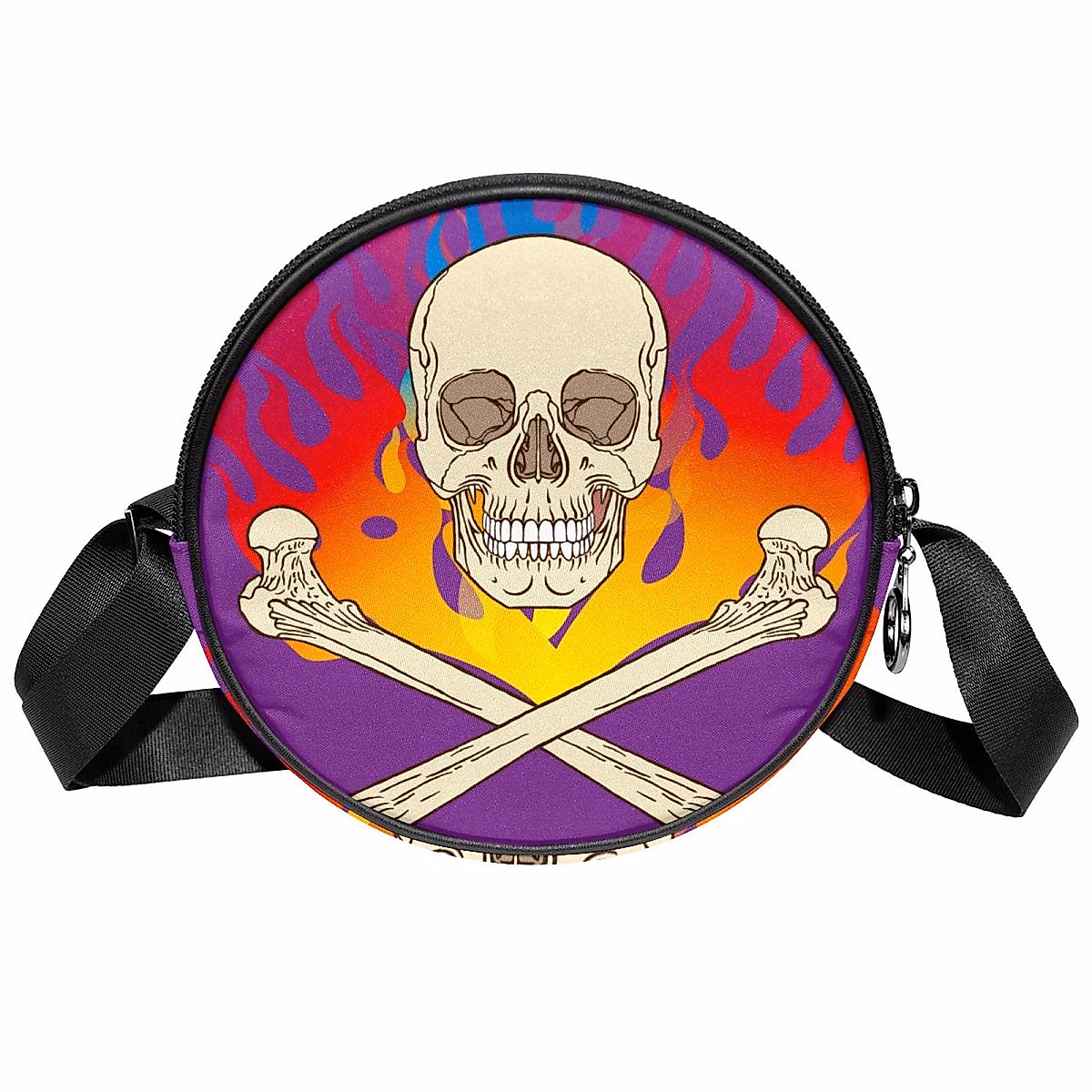 Skull Flame Purple Crossbody Bag for Women Teen Girls Round Canvas Shoulder Bag Purse Tote Handbag Bag