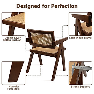 CLATINA Rattan Reading Chair for Bedroom Comfy Indoor Kitchen Dining Chair with Rattan Backrest Armrest Morden Upholstered Seat Wood Chair for Home Living Room Farmhouse Restaurant(1PK)