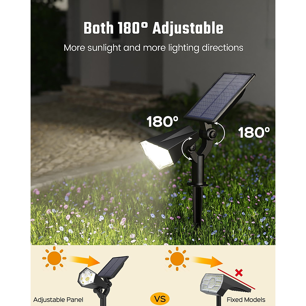 SUPERDANNY Solar Spot Lights Outdoor, 180° Adjustable Solar Lights for Outside Garden, 4 Modes 3000K/6000K, IP65 Waterproof, LED Solar Powered Landscape Lighting for Yard, Pathway, 2 Pack