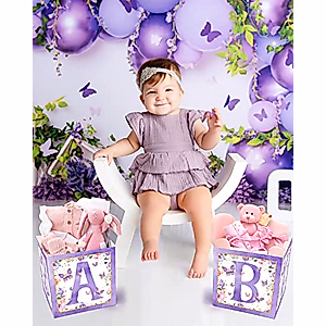 Levfla Purple Butterfly Baby Centerpiece Boxes with Butterfly Cutouts, Party Floral Arrangement, Baby Shower Table Decoration without Flowers, Set of 4 Blocks & 8 PCS Butterfly Cardstocks