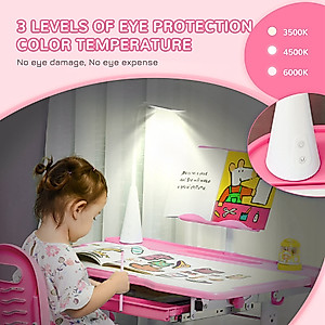 Qaba Kids Desk and Chair Set, Height Adjustable School Study Table and Chair, Student Writing Desk with Tilt Desktop, LED Light, Pen Box, Drawer, Reading Board, Cup Holder, and Pen Slots, Pink