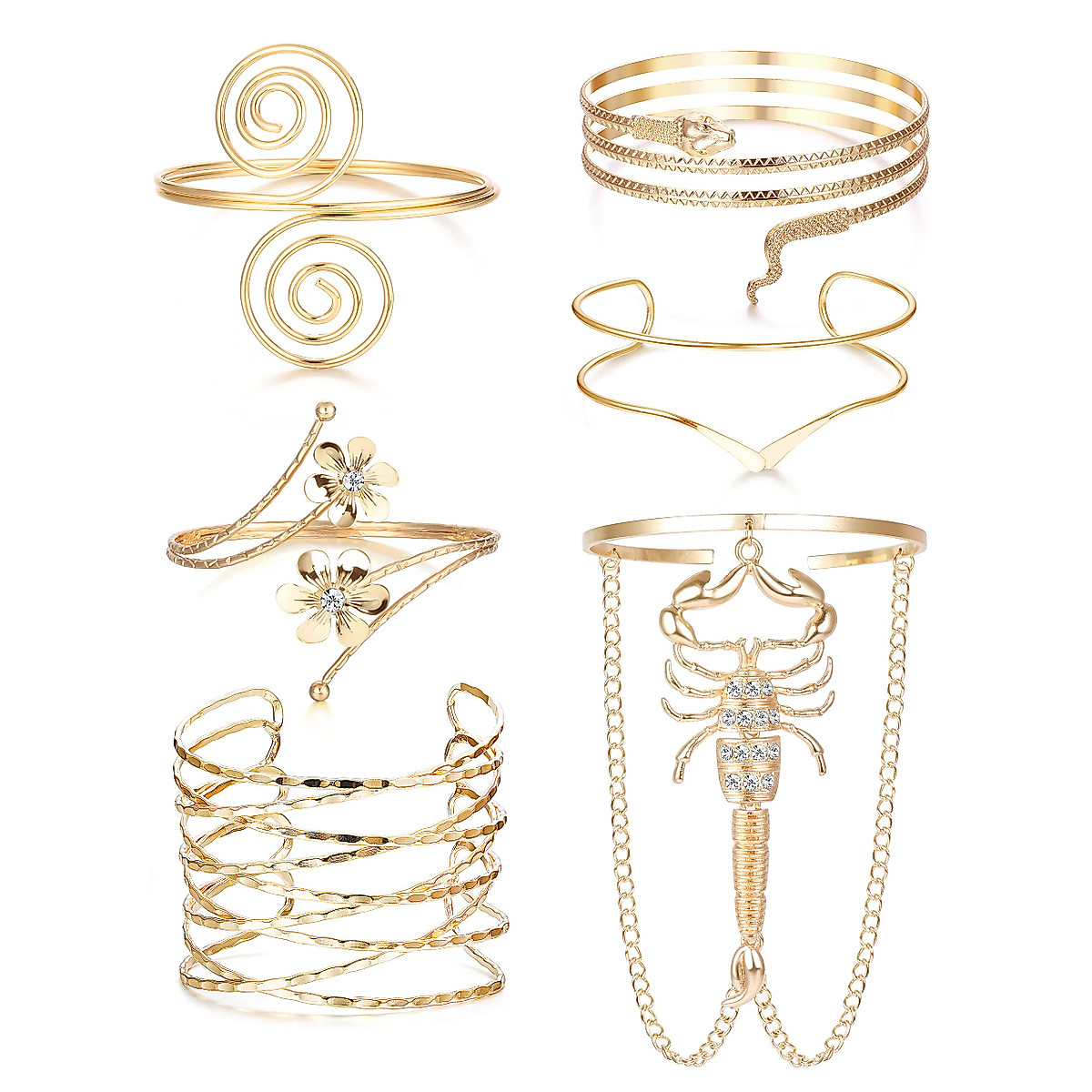 ORAZIO 6Pcs Arm Cuff Upper Arm Bracelet Band for Women Gold Plated Armlet Snake Armband Adjustable Greek Arm Cuff Bangle Adjustable