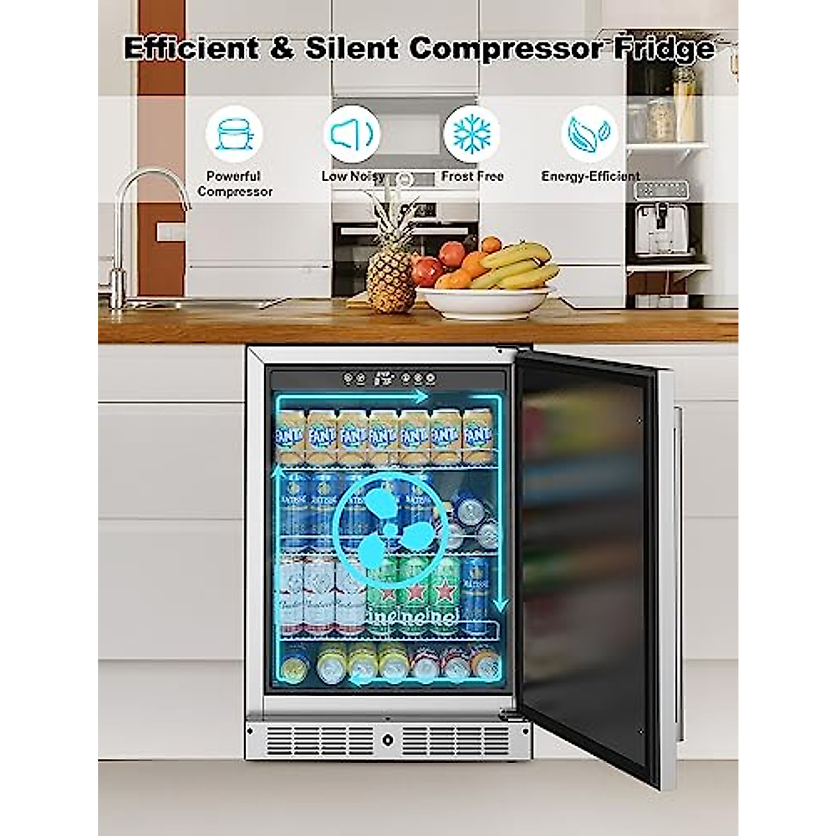 SUCISENI Outdoor Beverage Refrigerator, 24 Inch Undercounter Beverage Fridge Cooler Holds 180 Cans, Stainless Steel Refrigerator with Lockable Door for Home Bar, Outdoor Kitchen Patio or Commercial