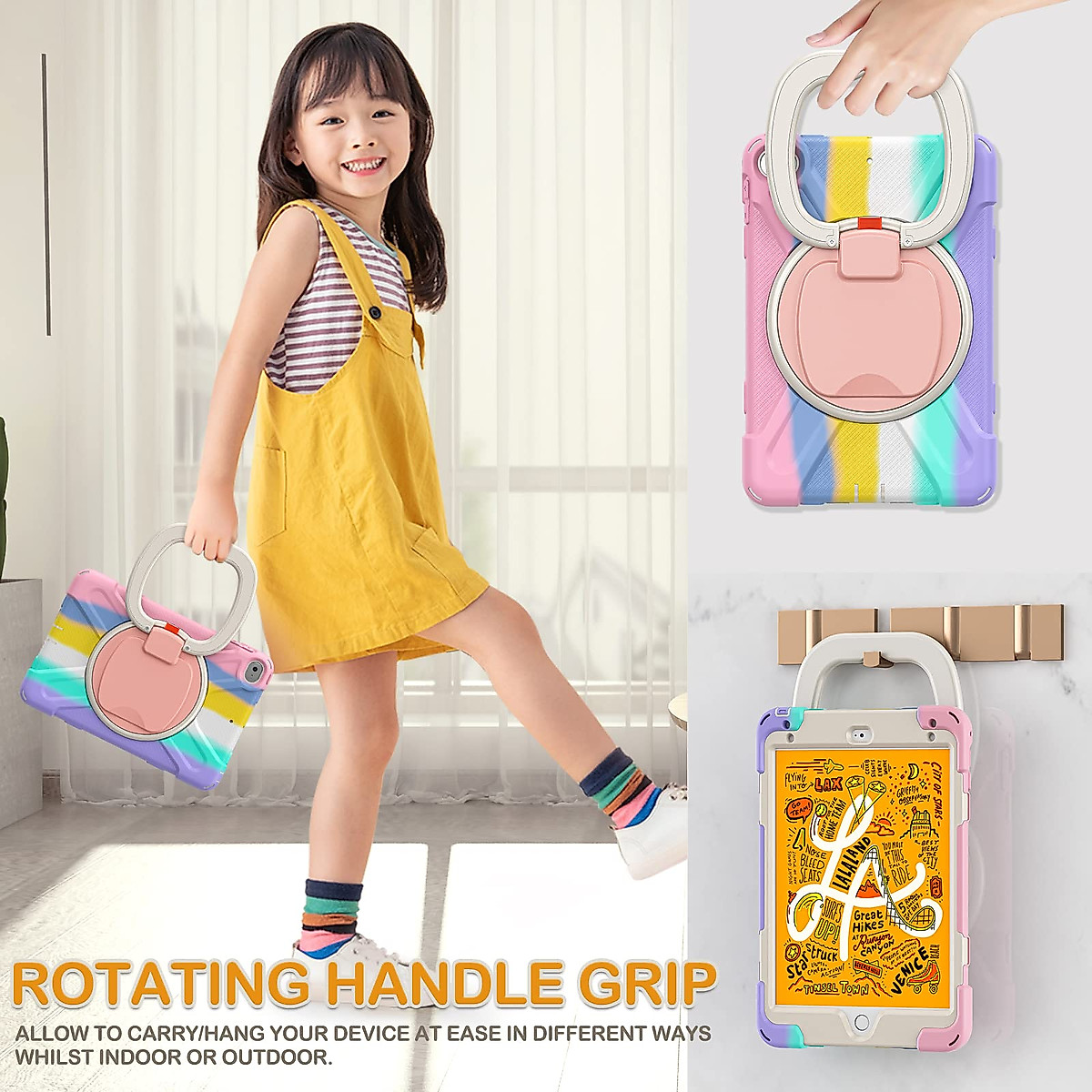 BRAECN Kid Case for iPad Mini 5/4 | Shockproof Silicone Cover with Shoulder Strap, Kickstand, Pencil Holder & Anti-Slip Grip | Compatible with iPad Mini 5th/4th Generation 7.9" - Colorful Pink