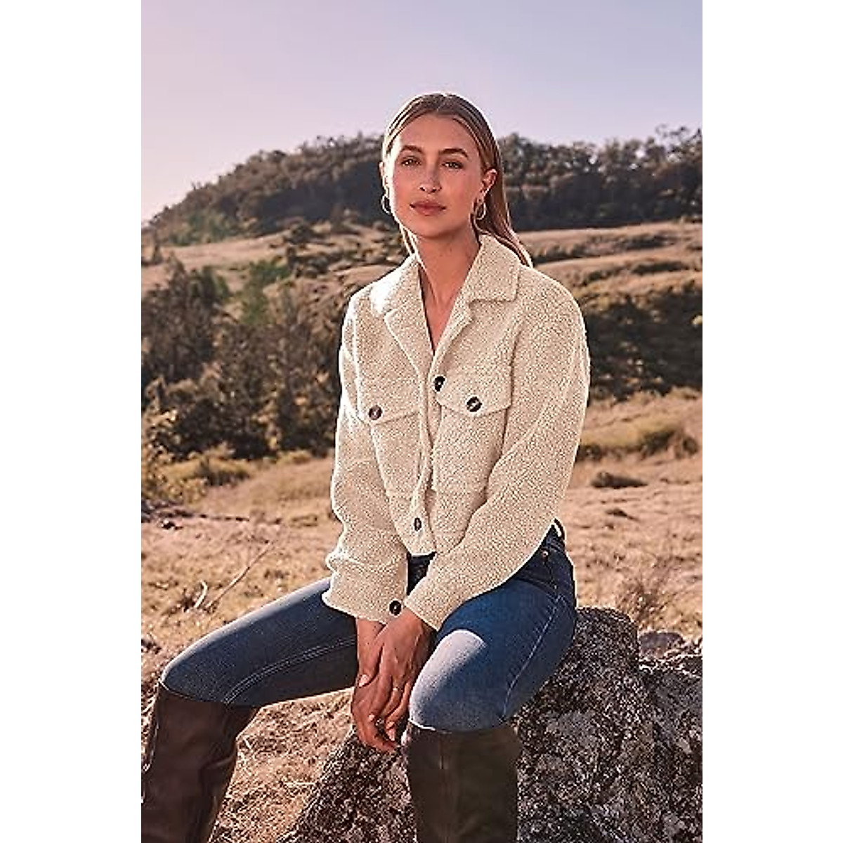 PRETTYGARDEN Womens Fall Clothes Sherpa Shacket Jacket Fuzzy Lapel Button Down Cropped Coat Winter Outerwear (Beige,Large)