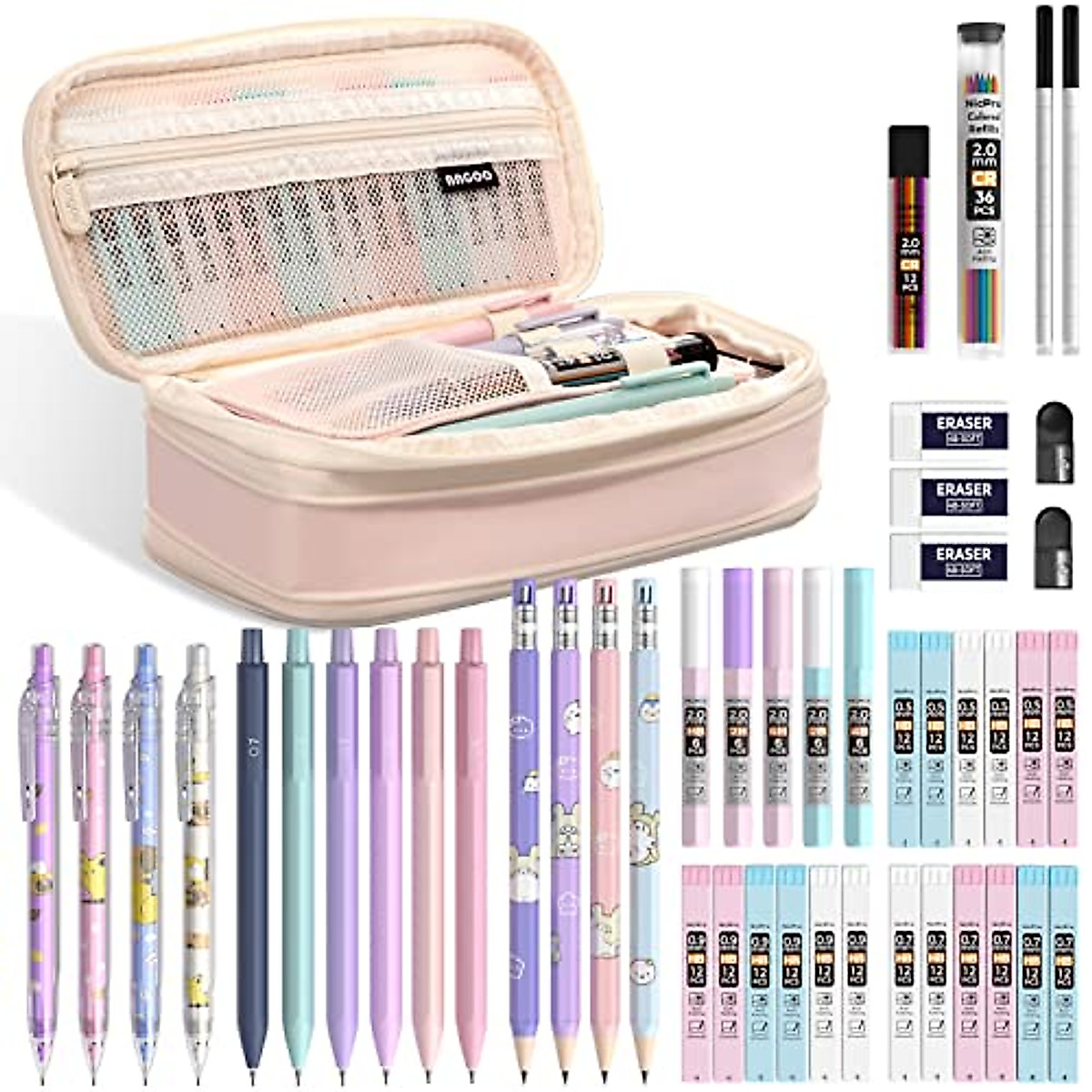Nicpro 47PCS Aesthetic School Supplies in Big Capacity Pen Case, Cute Pastel Mechanical Pencils 0.5, 0.7, 0.9 & 2mm Lead Holder with 25 Tube Lead Refills 4B 2B HB 2H Color, Erasers for Student Writing