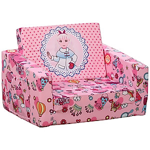 Qaba Kids Fold-Out Couch/Chair Lounger with Space-Themed Washable Fabric & Removable Cushion for 3-6 Years Old, Pink