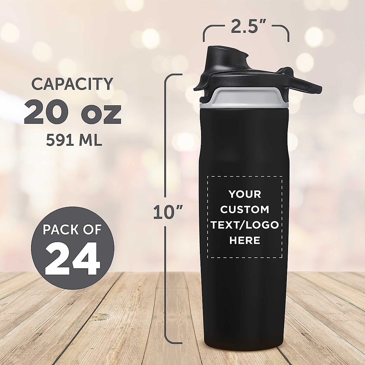 DISCOUNT PROMOS Custom Juno Water Bottles with Flip Lid 20 oz. Set of 24, Personalized Bulk Pack - Reusable, Great for Gym, Hiking, Cycling and for School - Black