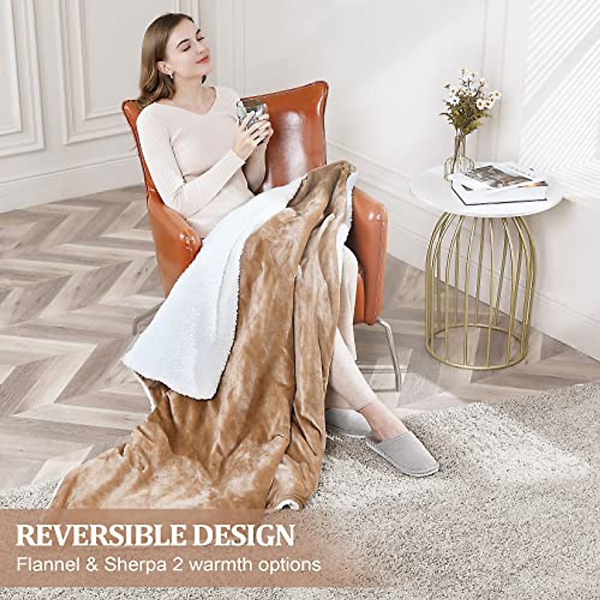 CAROMIO Electric Heated Blanket Throw, 4 Heating Levels & 4 Hours Auto Off, Thick Flannel & Sherpa Reversible Electric Blanket, Fast Heating Blanket Throw with Overheating Protection, Brown 50" x 60"