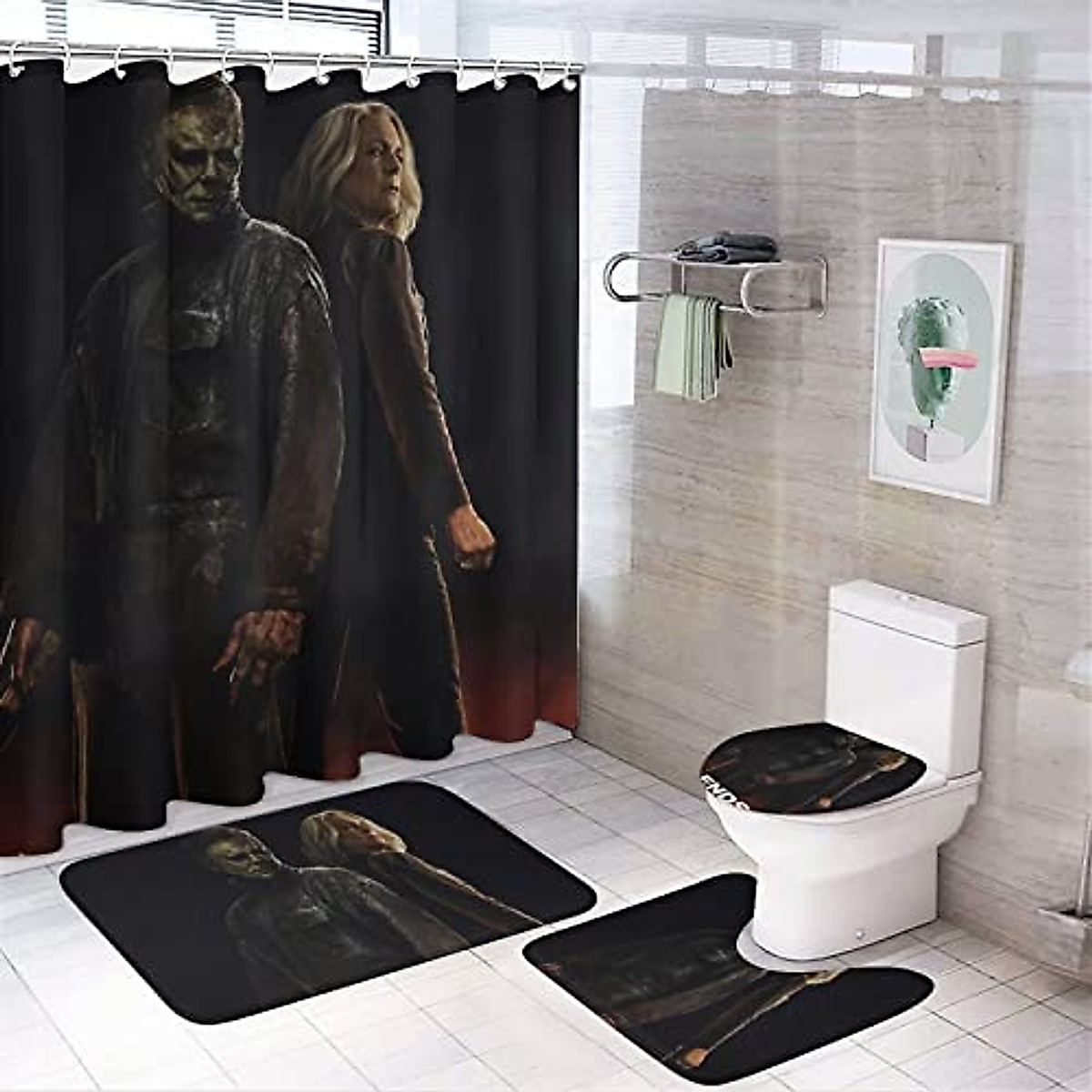 4Pcs Halloween Ends Shower Curtain Set with Non-Slip Rugs, Toilet Lid Cover and Bath Mat, Halloween Michael Myers Bathroom Decor Sets with 12 Hooks 70.9 X 70.9 Inches