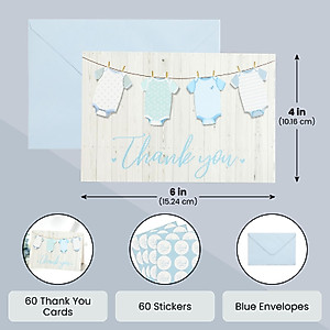Pipilo Press 60 Pack Boy Baby Shower Thank You Cards with Blue Envelopes, Cute Stickers, Blank Inside (6 x 4 In)