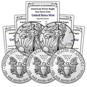 1986 - (Random Year) Lot of (5) 1 oz American Silver Eagle Coins Brilliant Uncirculated (Type 1) with Certificates of Authenticity $1 Seller BU