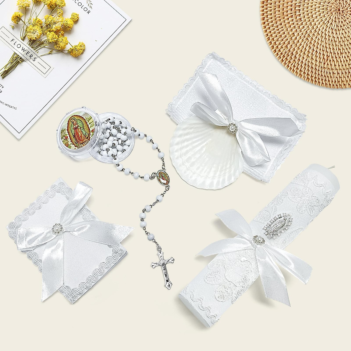 Baptism Candle Set for Boys and Girls,5 PCS Baptism Kit Virgen De Guadalupe Catholic Candle,Baptism Towel,Baptism Shell,Rosary,Bible for Baptismal Christening Gift,Velas para Bautizo De Niño o Niña