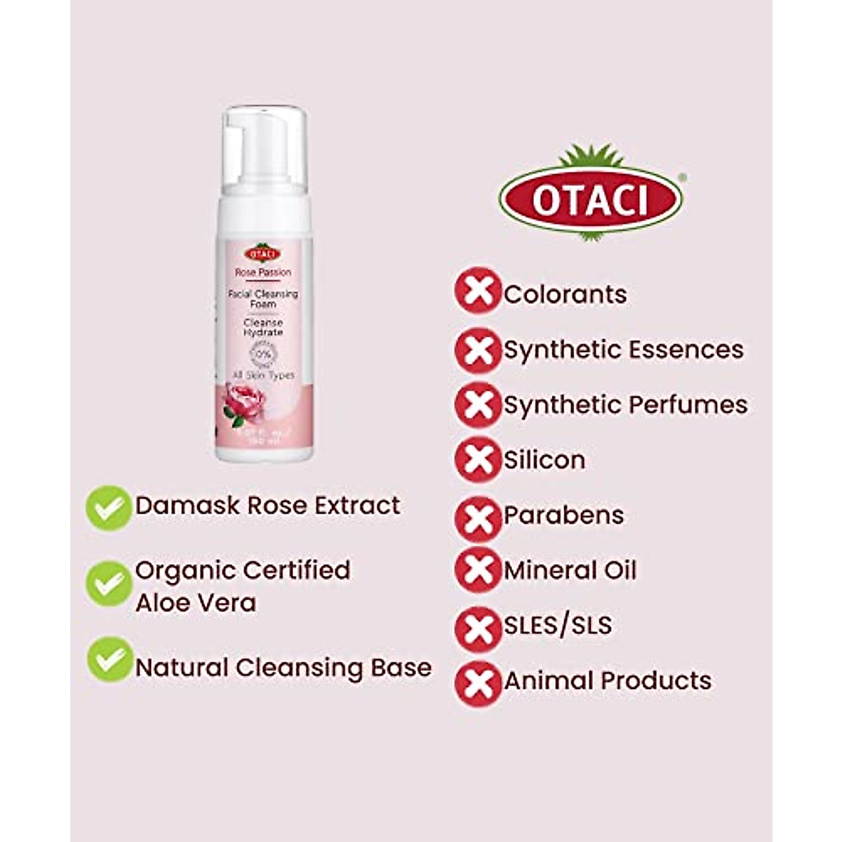 OTACI Rose Passion Facial Cleansing Foam, Face Cleanser Wash Foam Skin Facial Water Rose Foaming Natural